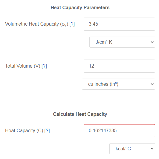 Volumetric Heat Capacity & Total Volume to Heat Capacity Calculator